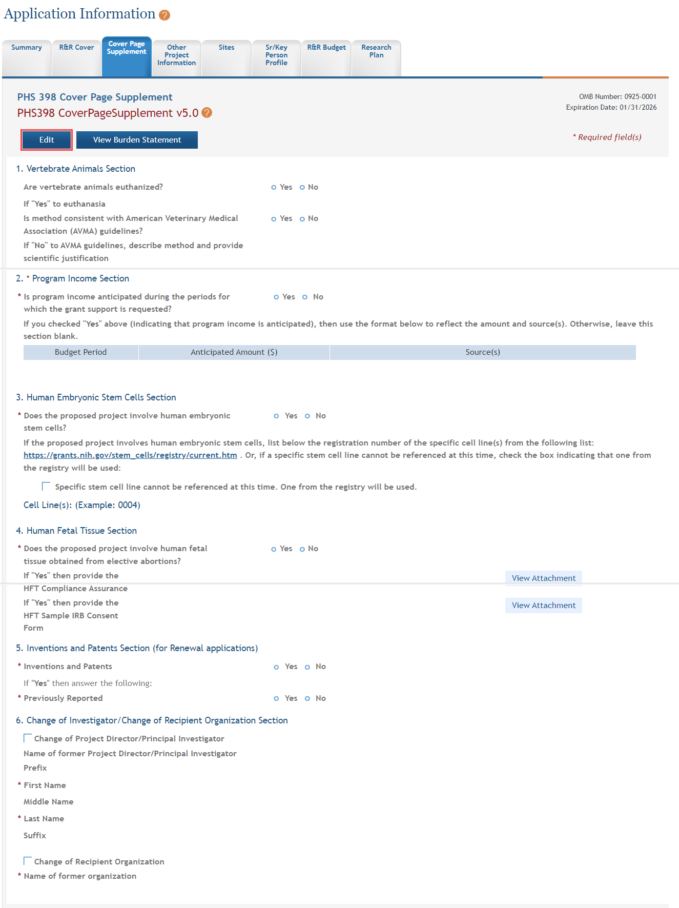 PHS 398 Cover Page Supplement